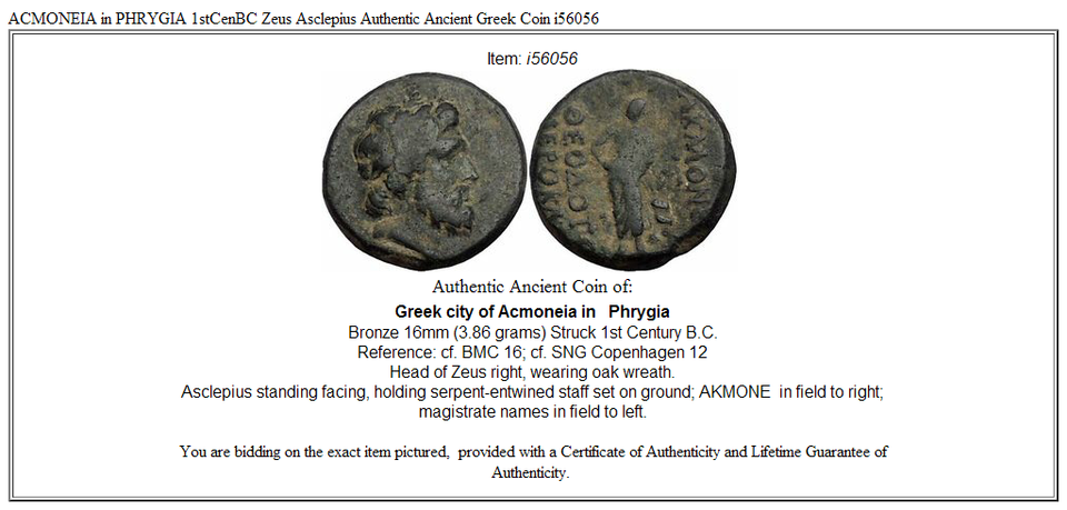 ACMONEIA in PHRYGIA 1stCenBC Zeus Asclepius Authentic Ancient Greek ...