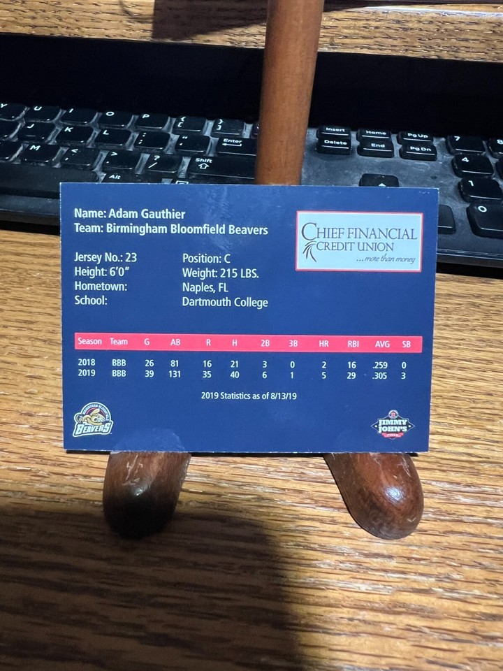 2019 USPBL Birmingham Bloomfield Beavers Baseball Card Adam Gauthier ...