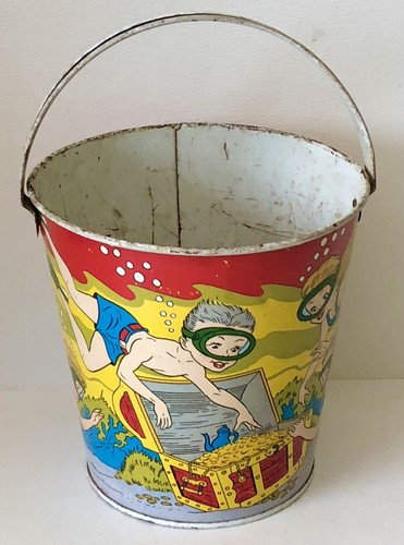 Vintage 1950s OHIO ART Sand Pail Bucket Tin Litho Scuba Diving Treasure ...