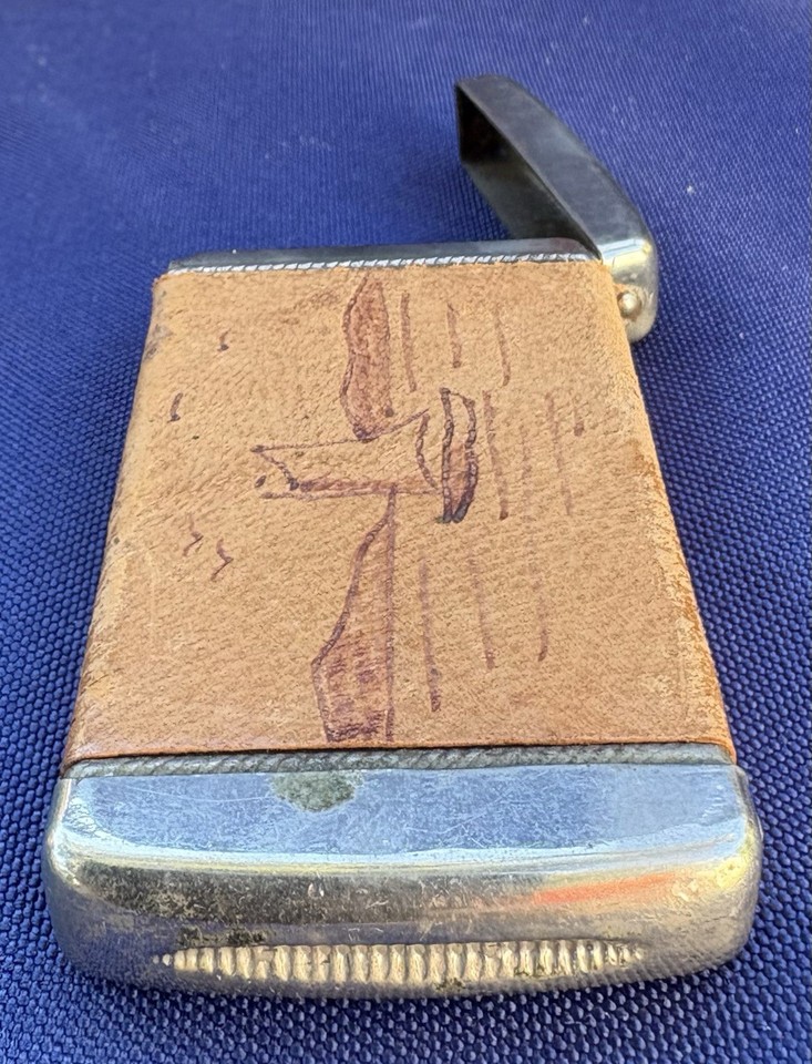 Antique Pocket Match Holder w/ Sailboat Scene On Leather - Vesta, Snap ...