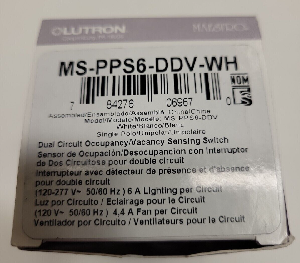 Lutron MAESTRO MS-PPS6-DDV-WH DUAL OCCUPANCY SENSING SWITCH Ship SAME ...