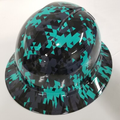 full brim hard hat custom hydro dipped IN TURQUOISE, TEAL ABSTRACT ...