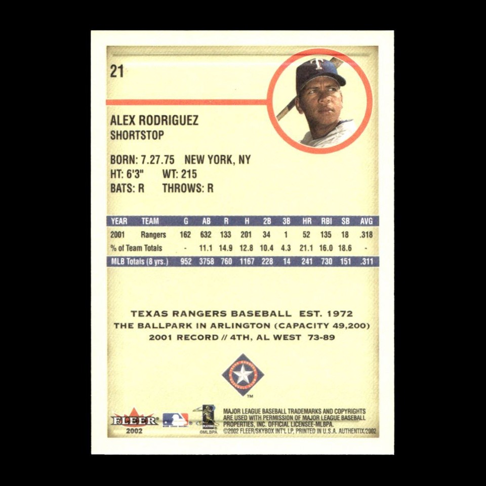 Alex Rodriguez 2002 Fleer Authentix Texas Rangers #21 R326O 26 | eBay