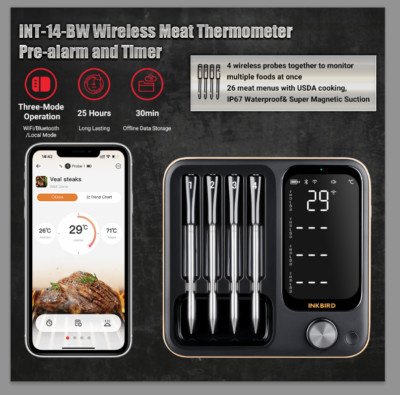 INKBIRD Wireless BBQ Thermometer 4 Probes INT-14-BW WiFi Bluetooth Meat ...