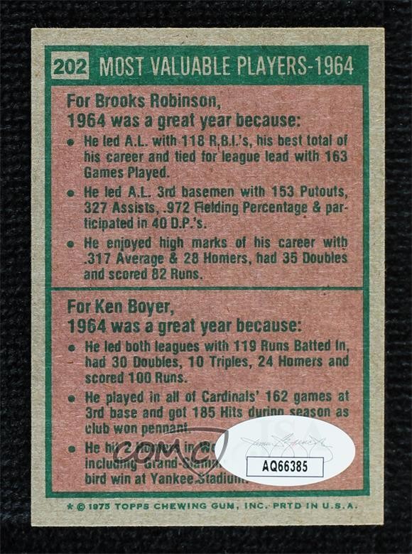 JSA Certified 1975 Topps Most Valuable Players Brooks Robinson Ken ...