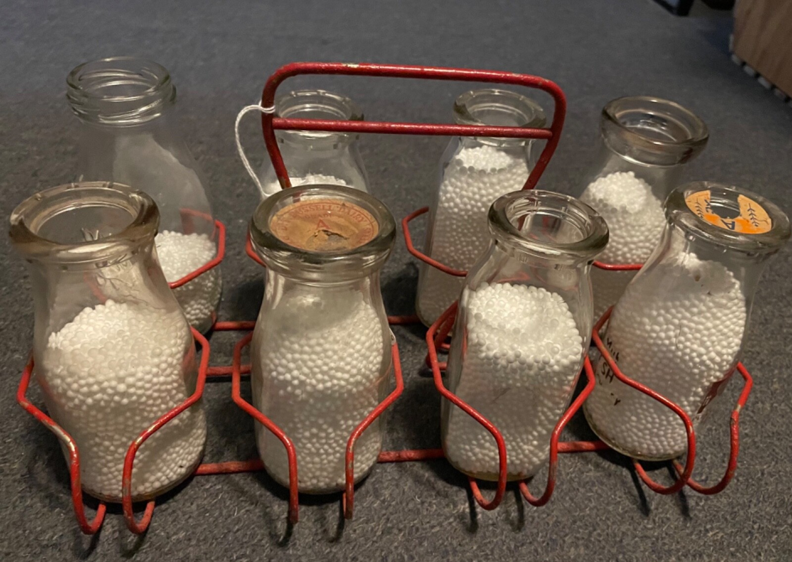 Antique 8 Dairy Farm Milk Glass Bottles with Red Dairy Steel Carrier ...
