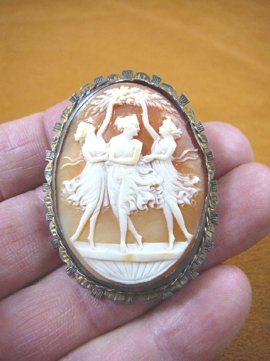 C-1357) Three Muses Graces Woman dancing shell CAMEO gold plt pin ...