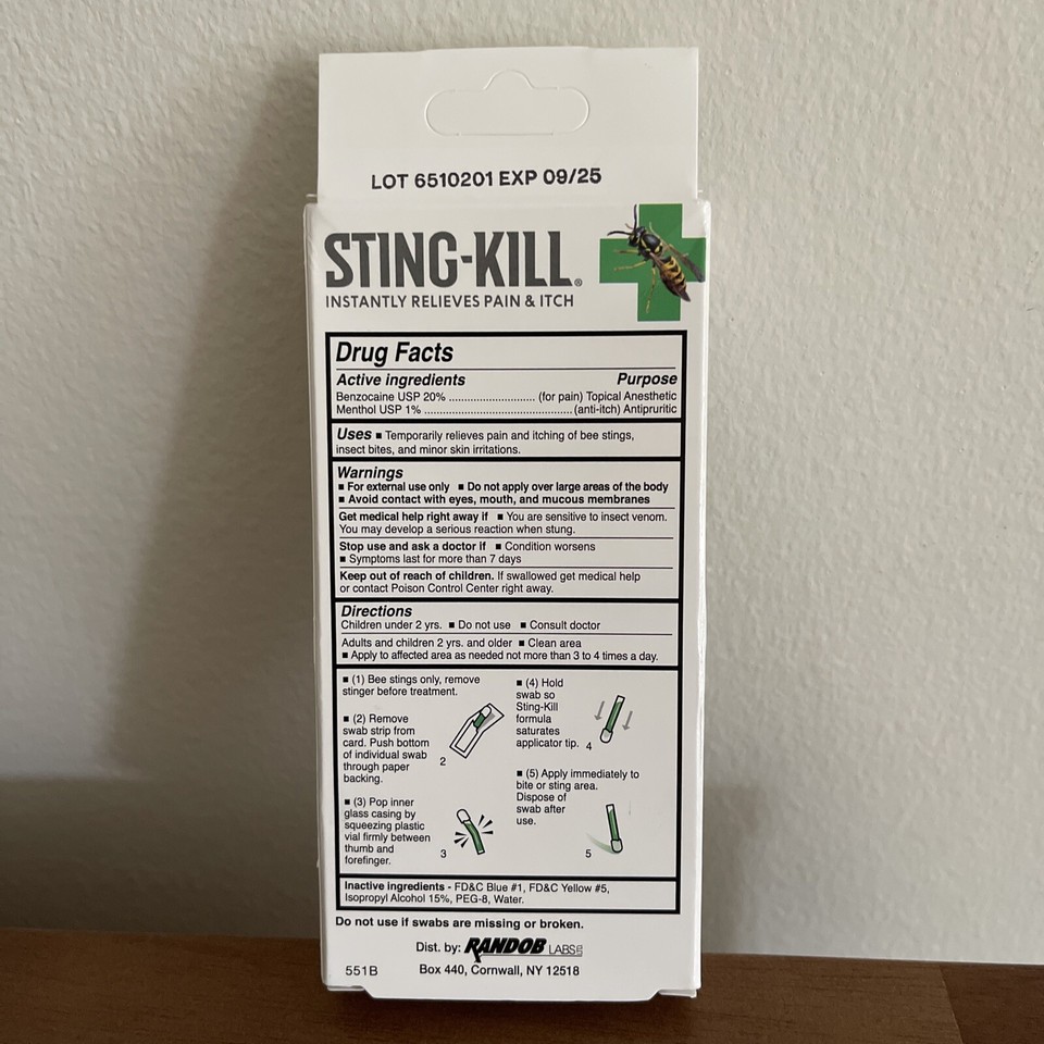STING KILL 5 DISPOSABLE SWABS FOR BEE STINGS, MOSQUITO, INSECT BITES ...
