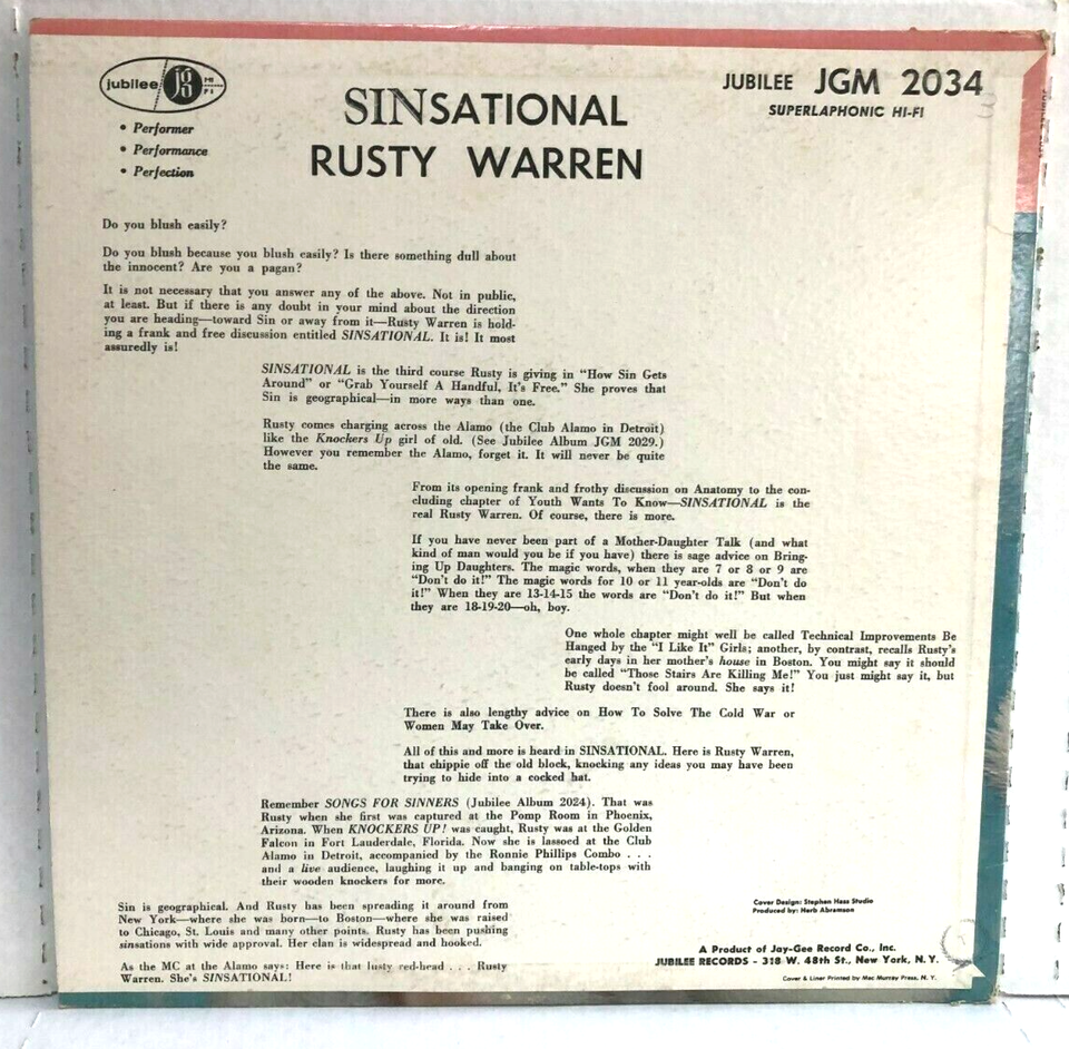 Rusty Warren SINSATIONAL 1961 Jubilee MONO COVER ONLY VG+ NO RECORD | eBay
