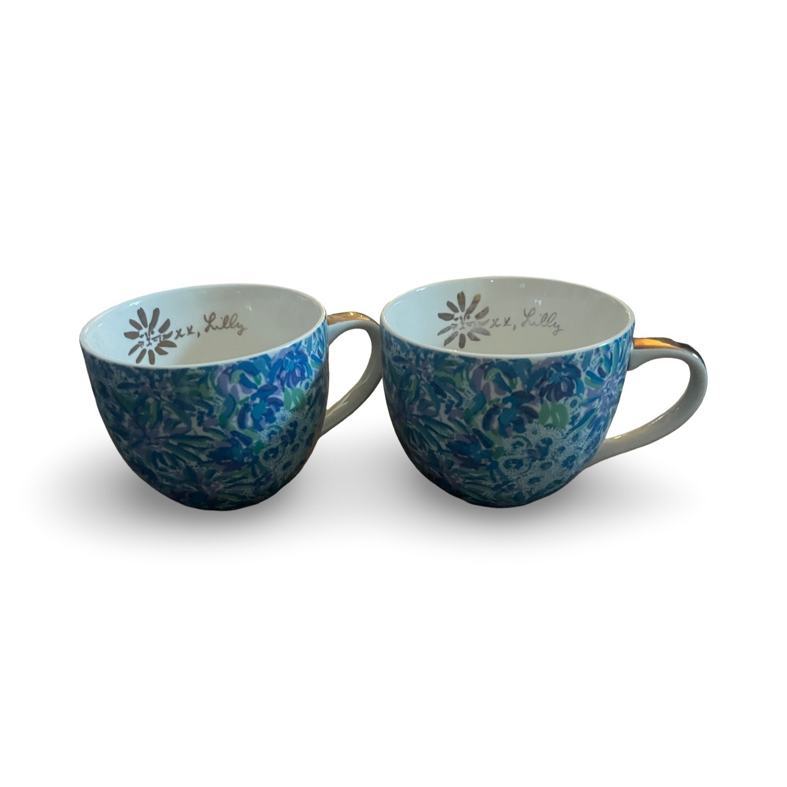 Lilly Pulitzer Mugs Set of Two Blue Floral Coffee Cups Mug HIDDEN LION ...