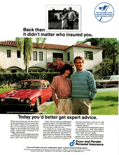 1986 Crum and Forster Insurance Print Ad Man Woman Jaguar Station wagon ...