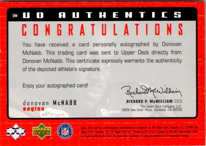 1999 Upper Deck HoloGrFx DONOVAN McNABB Philadelphia Eagles AUTO Insert ...