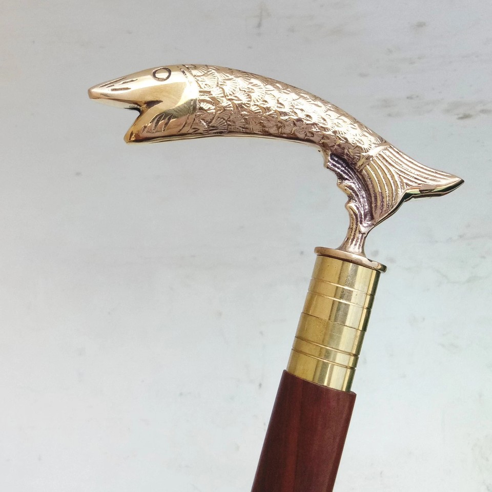 Antique Brass fish Handle Wooden Vintage Style Walking Stick Cane ...