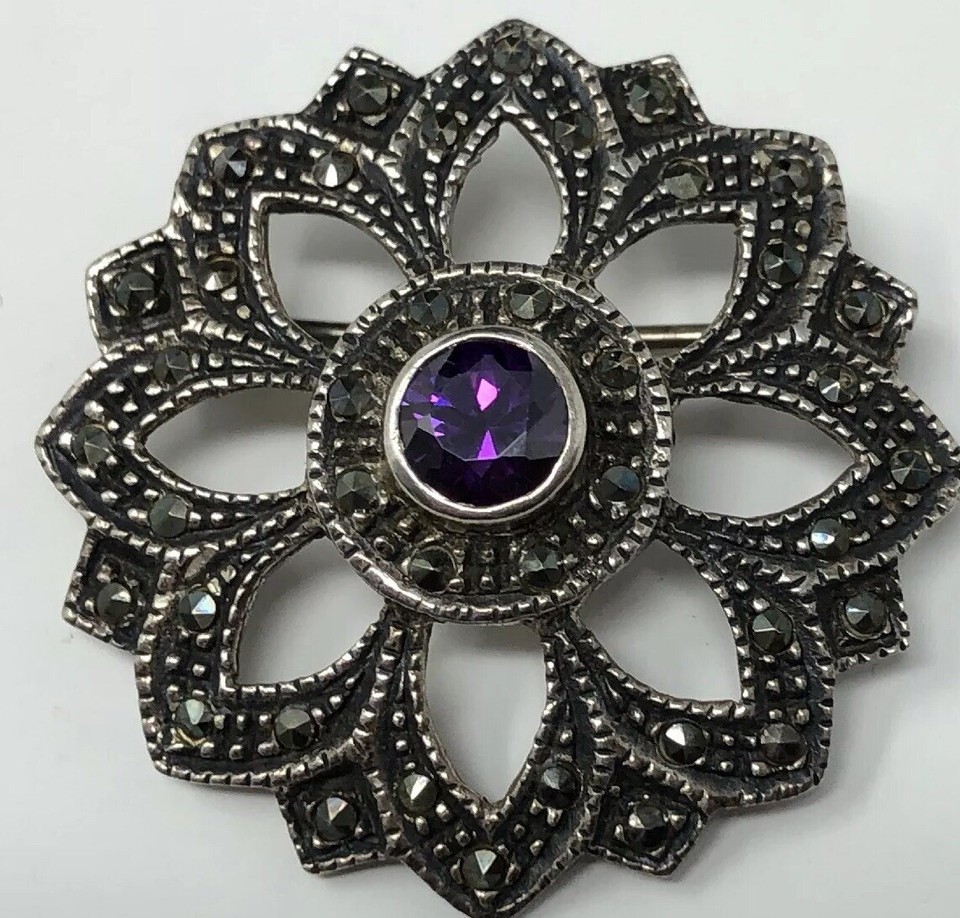 Pretty Vintage Amethyst 925 Sterling Silver Marcasite Brooch Flower ...