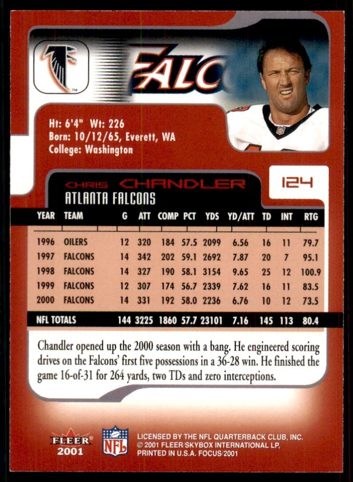 2001 Fleer Focus Chris Chandler Atlanta Falcons #124 NFL Football Card ...