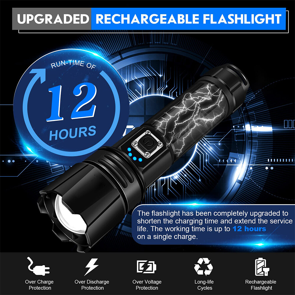 Super Bright LED Flashlight 20000 Lumen USB Rechargeable Flashlight ...
