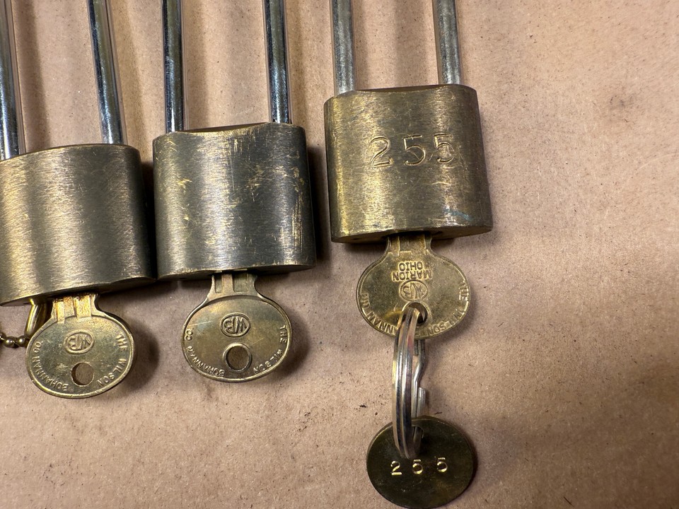Vintage Set 10 Wilson Bohannan WB Brass Padlocks w/ keys -long 3" x 3/4 ...
