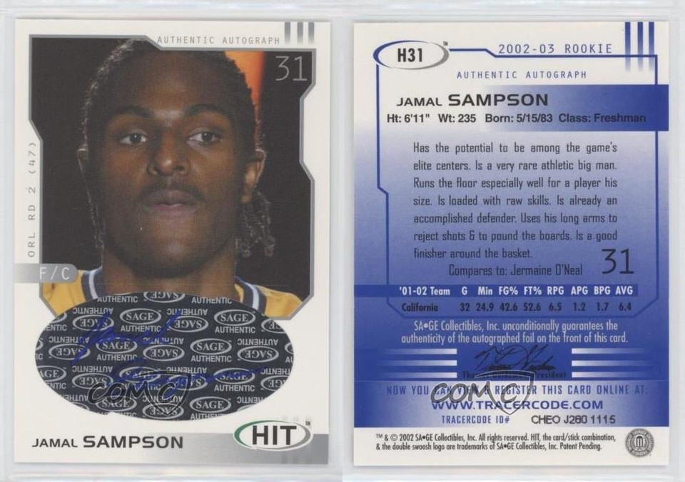 2002-03 SAGE Hit Silver Auto Jamal Sampson #H31 Rookie Auto RC 0u2j | eBay