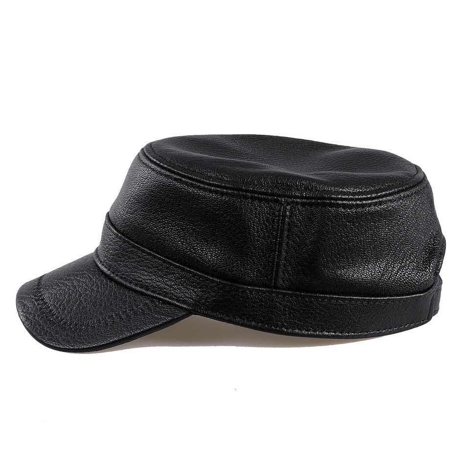 Men's Flat Top Cap Real Sheepskin Leather Military Style Caps Cadet ...
