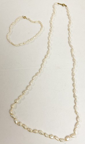 Freshwater Rice Keshi Pearl Necklace & Matching Bracelet Set w/ 14K ...