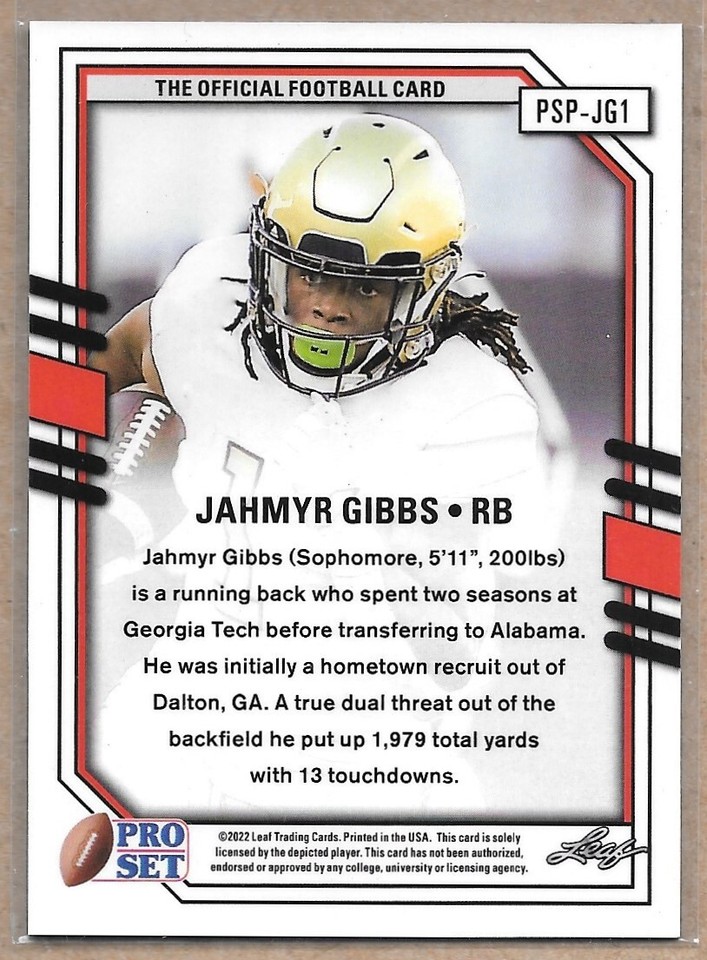 2022 Pro Set Draft Portraits Prismatic Blue #PSP-JG1 Jahmyr Gibbs ...