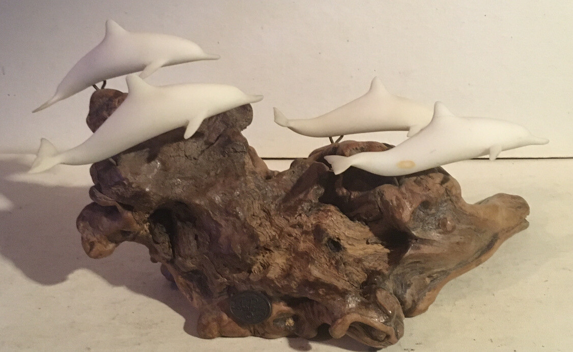Vintage John Perry 4 Dolphin Pod Sculpture Burled Wood Base | eBay