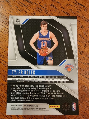 #225 Tyler Kolek RC Rookie Card New York Knicks 2024-25 Panini Prizm ...