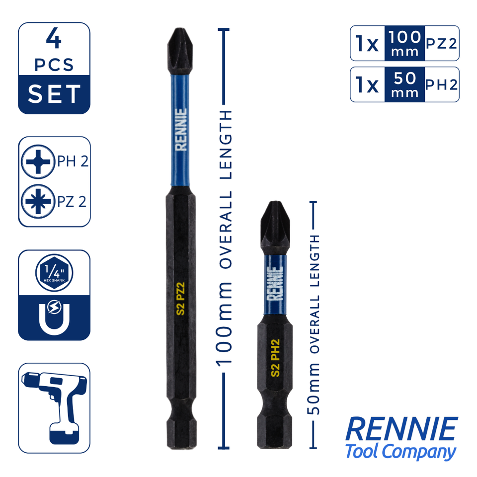 4 pc PZ2 PH2 Impact Driver Screwdriver Bits Set & Long Magnetic Drill ...