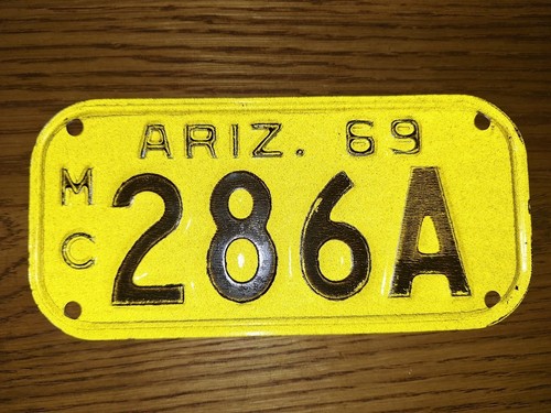 RARE 1969 Arizona Motorcycle MC Yellow Black License Plate 286A Vintage ...