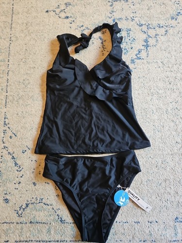 Cupshe Women's Tankini Set Two Piece Swimsuit Ruffled Halter Low Back ...