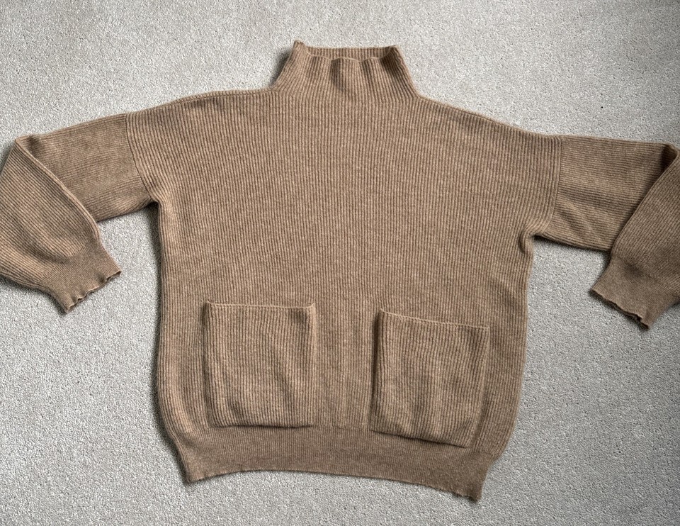 Brora Ribbed Funnel Neck Camel Pure cashmere jumper pockets | eBay UK