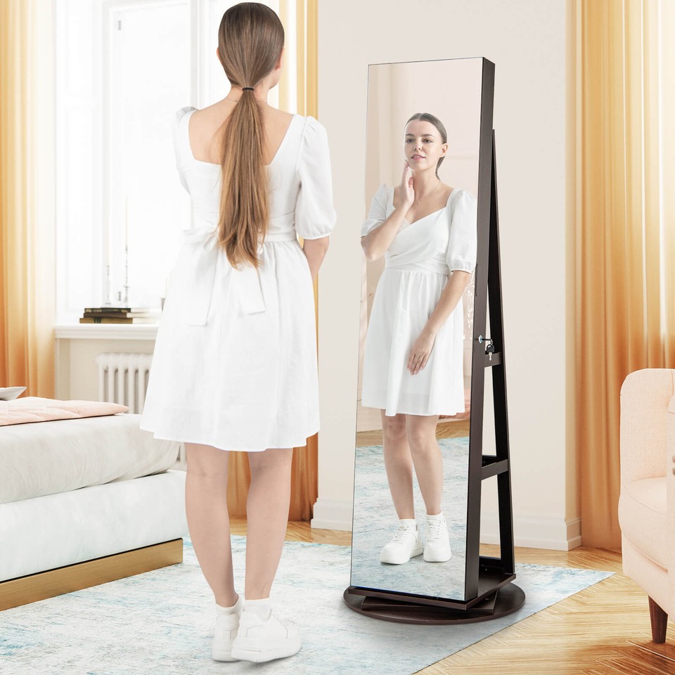 360° Rotating Mirrored Jewelry Cabinet Armoire 3 Color LED Modes ...