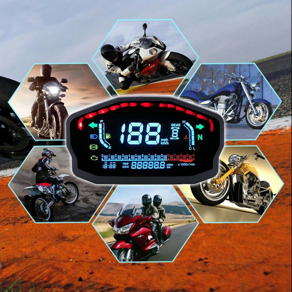 LCD Digital Motorcycle Odometer Speedometer Tachometer KM/H MPH Gauge ...