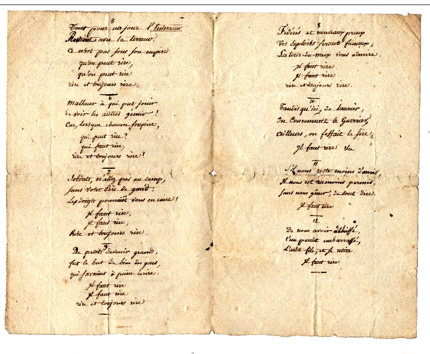 Chanson vingt trois qui nous amena d'Artois. 3 folios, fin 18e siècle ...