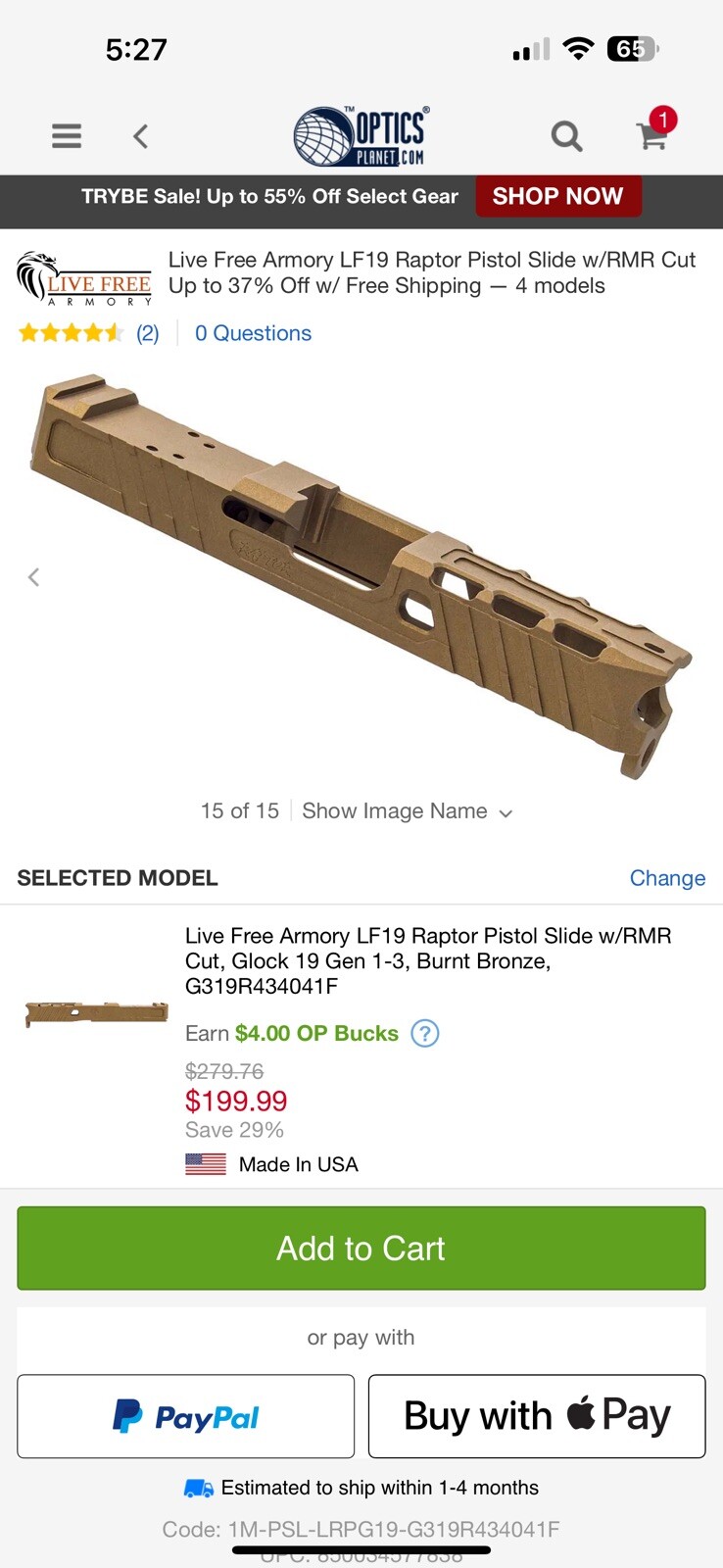 Glock 19 Live Free Armory LF19 Raptor Pistol Slide w/RMR Cut Burnt ...