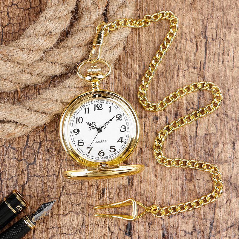 Golden Smooth Quartz Pocket Watch Fob Chain Arabic Numerals Dial for ...