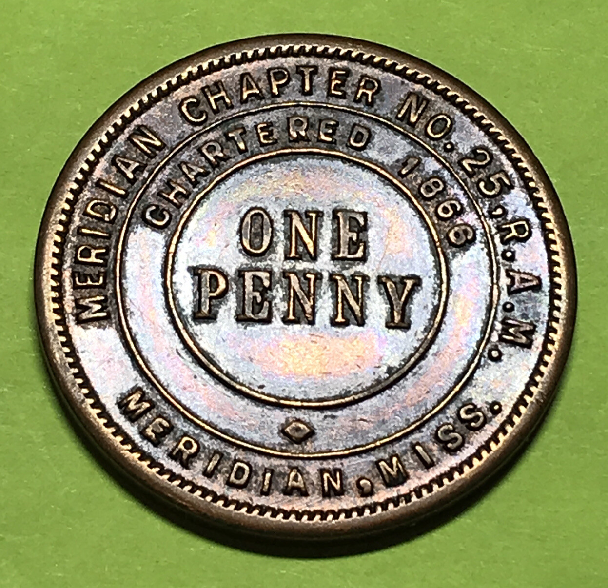 Meridian Miss MS Chapter No 25 R.A.M. One Penny Masonic Freemason Token ...