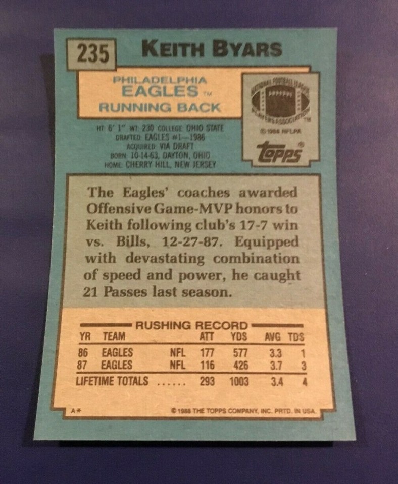 1988 Topps # 235 KEITH BYARS Philadelphia Eagles Ohio State Set Break ...