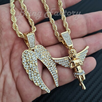 Hip Hop Iced Baby Angel & Wings Cubic Zirconia Pendant & 24" Rope Chain ...