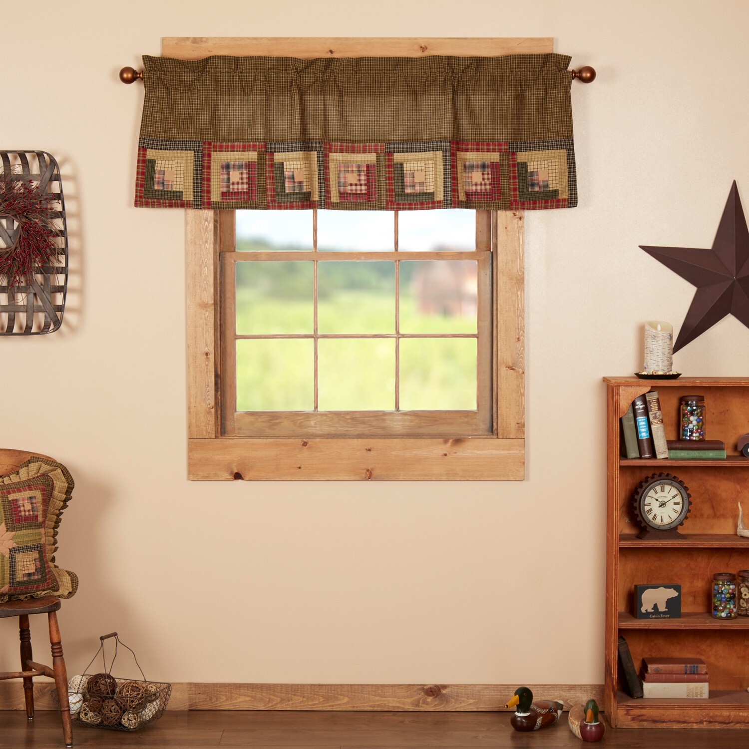 New Primitive Log Cabin Quilt RED GREEN PATCHWORK VALANCE Topper ...