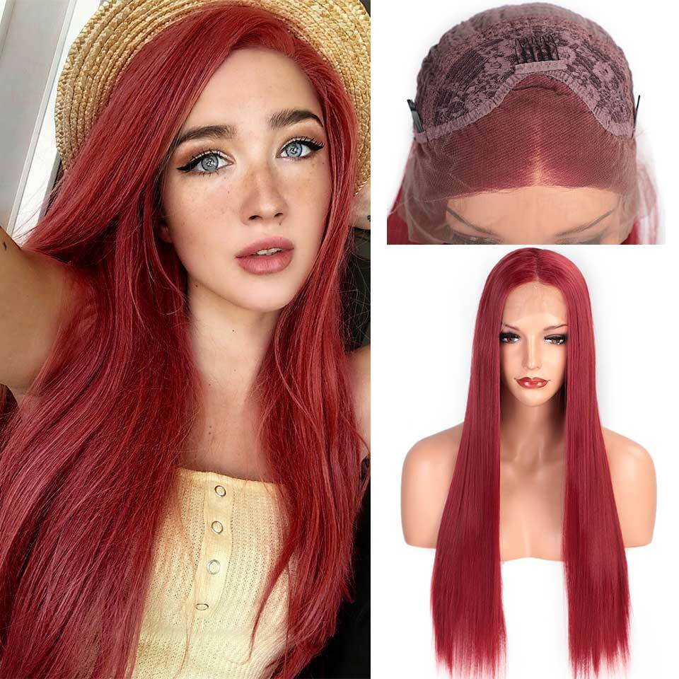 Long Straight Red Synthetic Lace Front Wigs Glueless Natural Hairline ...
