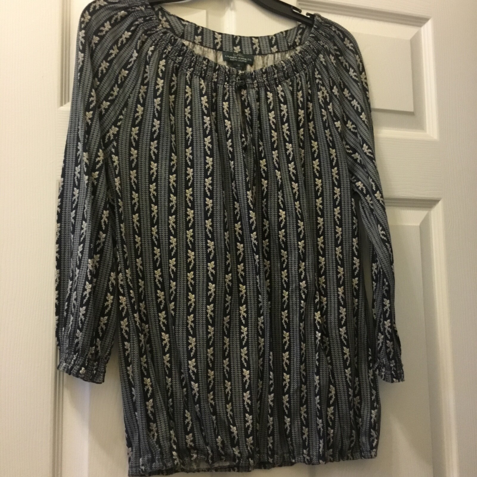 LRL Lauren Ralph Lauren Boho Cotton 3/4 sleeve Navy Print blouse Women ...