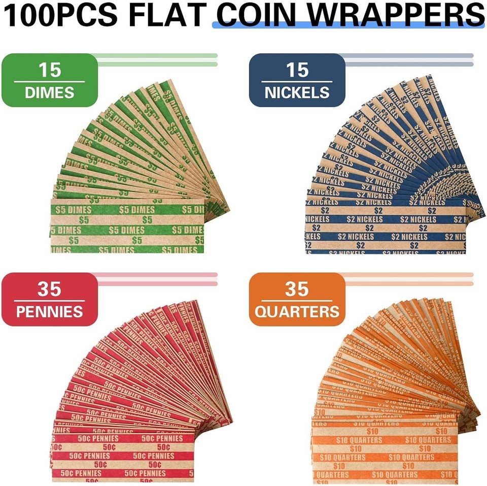 100 Pcs Assorted Packed Flat Stripped Coin Wrappers Coin Rolls Wrapper ...