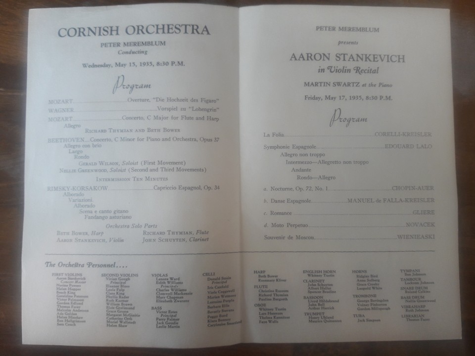 1935 PLAYBILL CORNISH ORCHESTRA AARON STANKEVICH CORNISH THEATRE 00121 ...