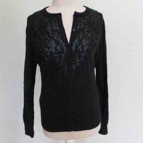 ANN TAYLOR Md black faux leather accents beaded button cardigan sweater ...