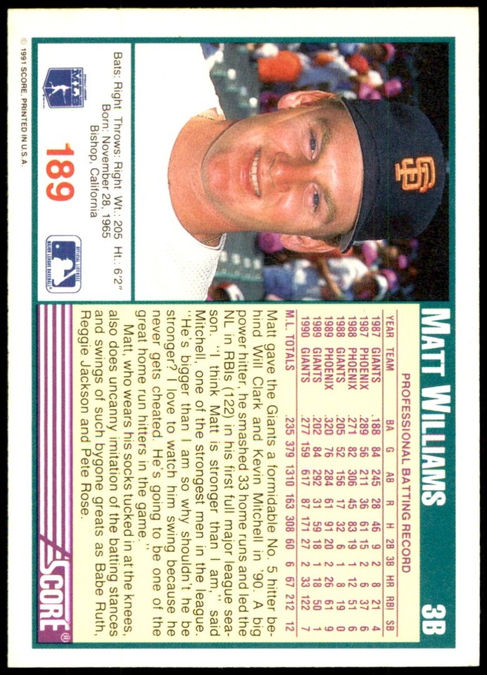 Matt Williams 1991 Score #189 Giants MLB READ FREE SHIPPING ...