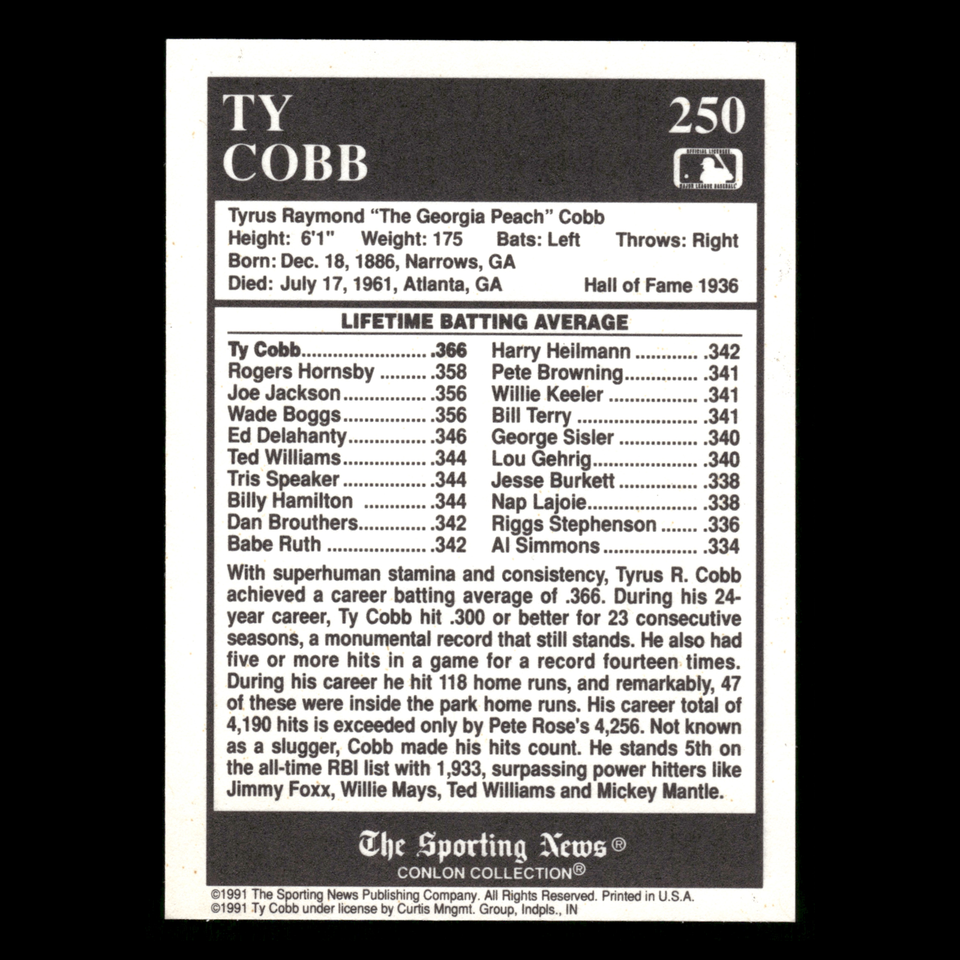 Ty Cobb #250 1991 Conlon Collection TSN Philadelphia Athletics Baseball ...