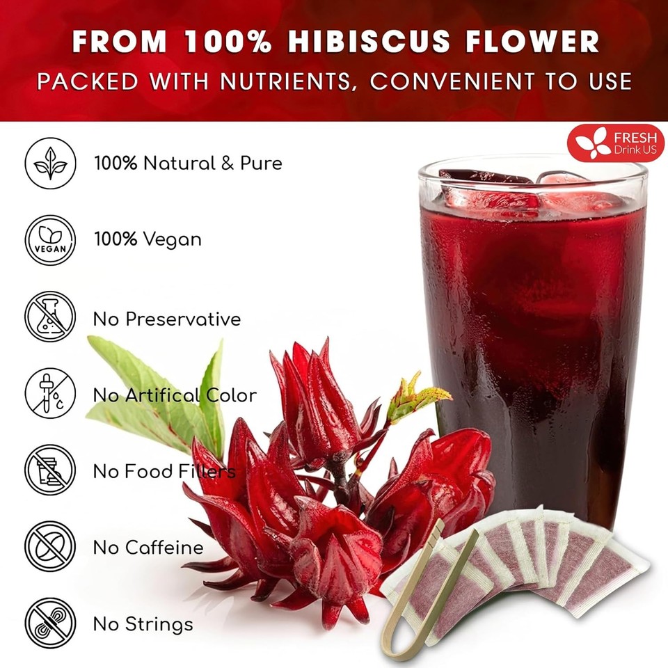 , Premium 140 Hibiscus Flowers Tea Bags, 100% Natural, Handmade & Pure ...