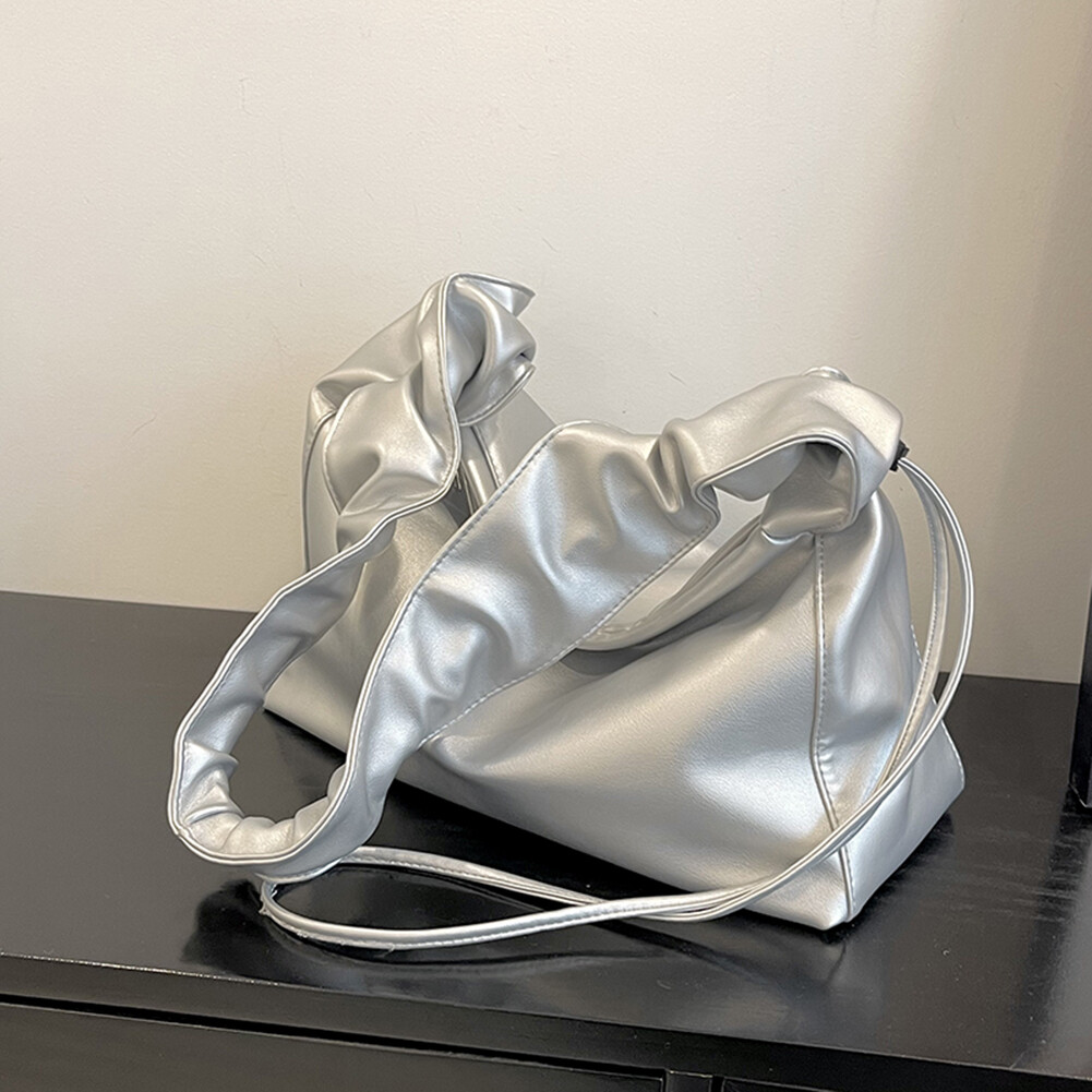 Women Shoulder Bags PU Leather Pleated Drawstring Solid Underarm Bags (Silver) | eBay