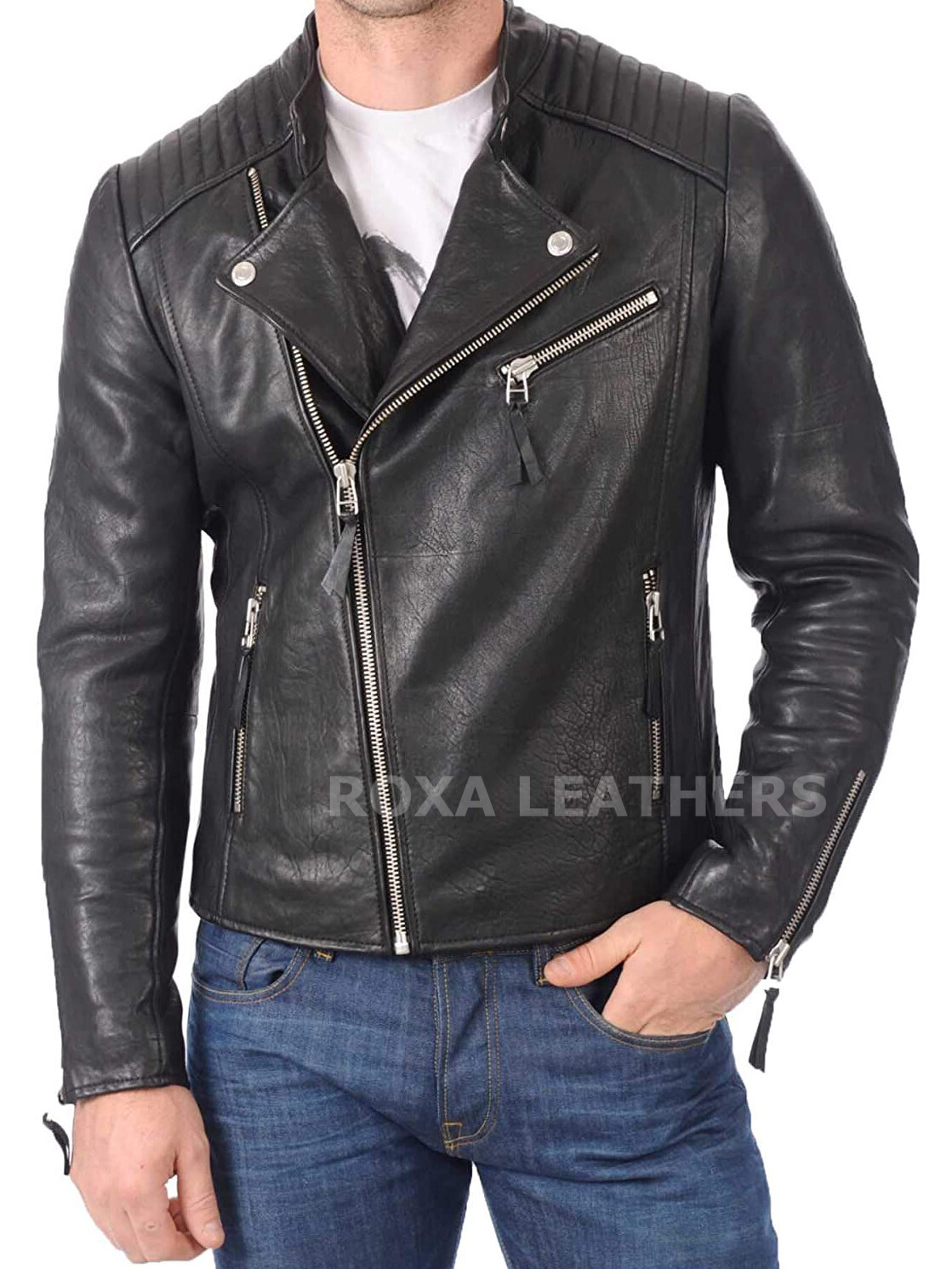 Men's Stylish Outwear Natural Authentic Lambskin Leather Jacket Silver ...